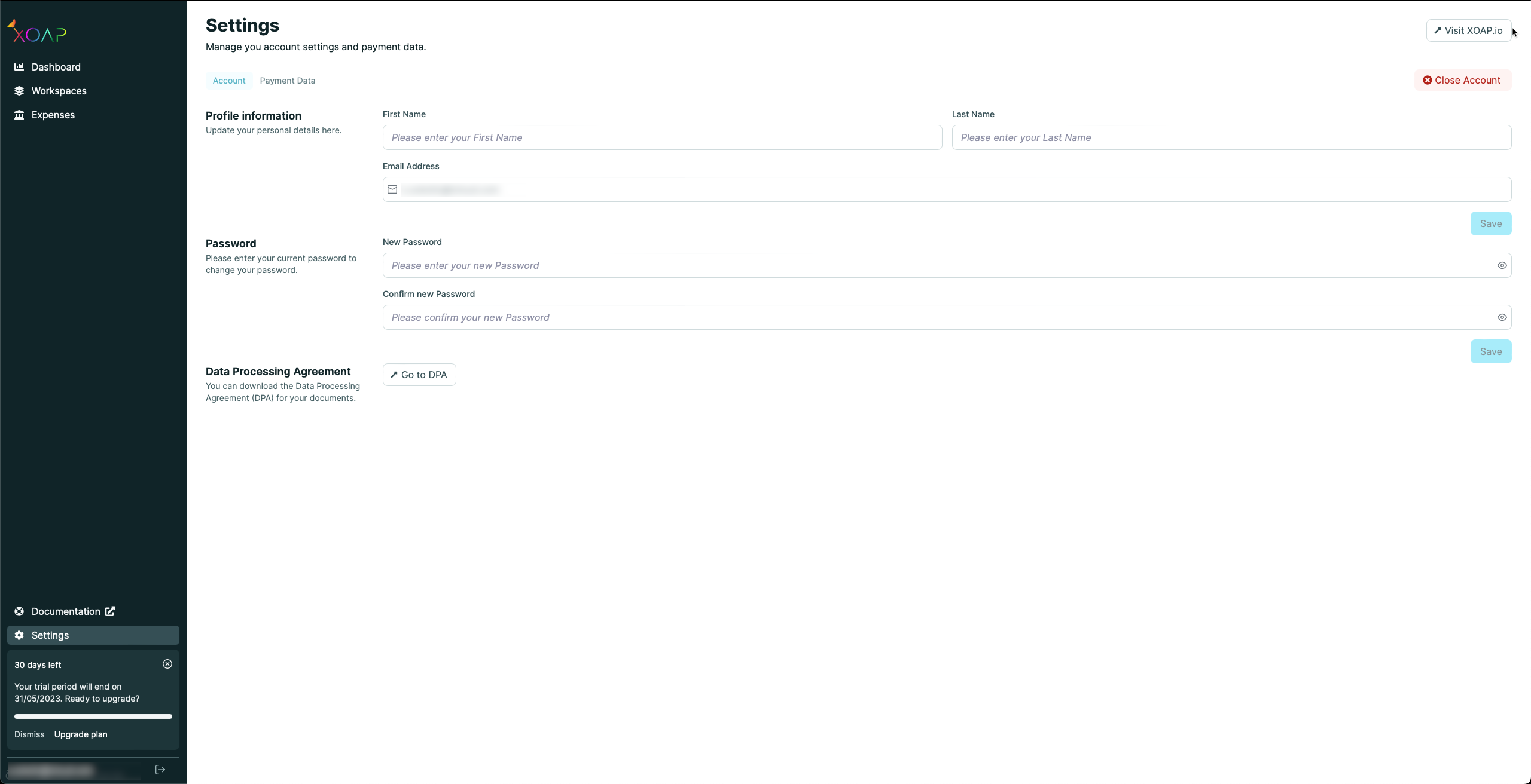 Manage account | XOAP Docs